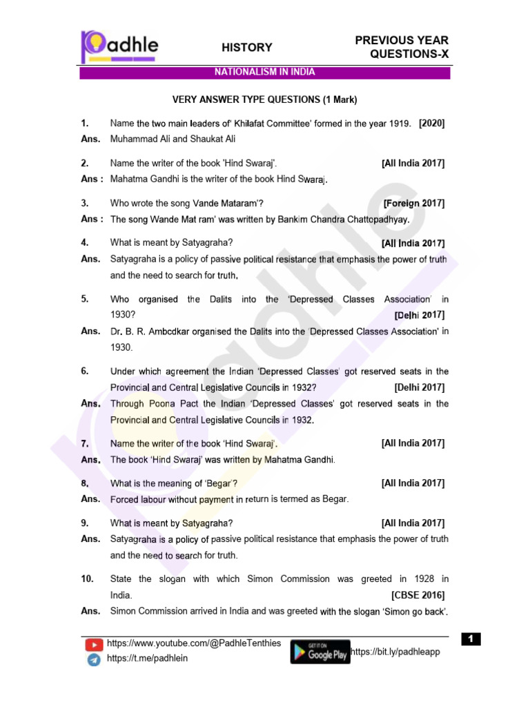 soc his 2 pyq | PDF | Mahatma Gandhi | Nonviolence