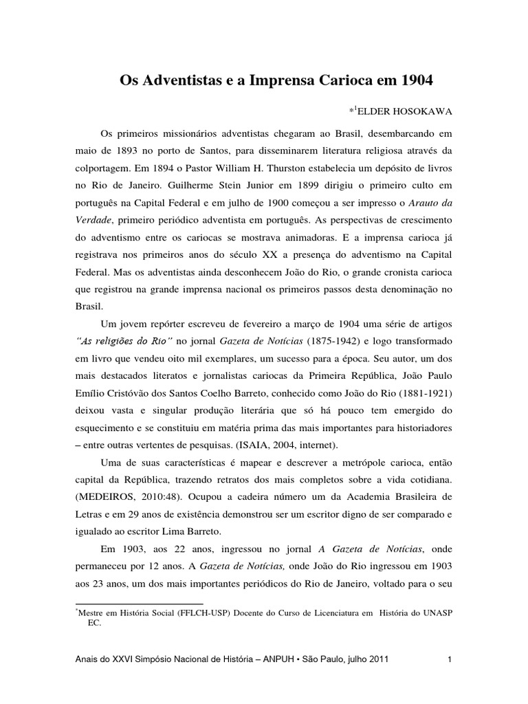 Os Adventistas e A Imprensa Carioca em 1904 (Artigo) Autor Elder Hosokawa | PDF | Igreja ...