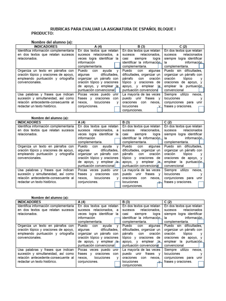 RUBRICAS PARA EVALUAR Quinto Español | PDF | Puntuación | Oración ...
