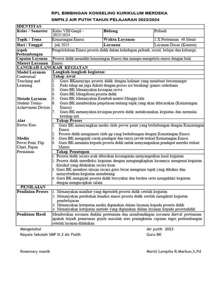 RPL BIMBINGAN KONSELING KURIKULUM MERDEKA 2023 Kelas 8 | PDF | Karier & Perkembangan