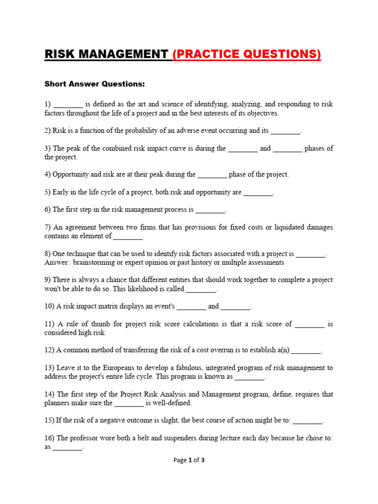 RISK MANAGEMENT EXERCISES | Download Free PDF | Risk | Risk Management