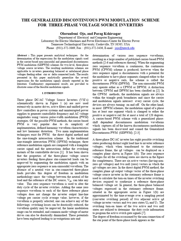 The Generalized Discontinuous PWM Modulation Scheme For Three-Phase Voltage Source Inverters ...
