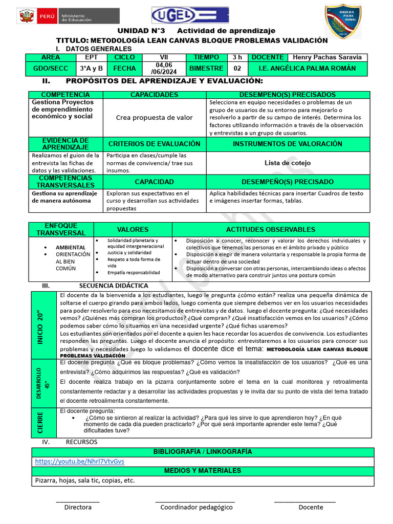 SESION LEAN CANVA BLOQUE PROBLEMAS EPT Cel. 980265157 | PDF | Evaluación | Aprendizaje