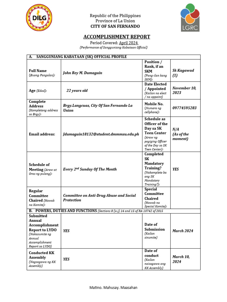 Accomplishment Report SK Kagawad John Rey | PDF