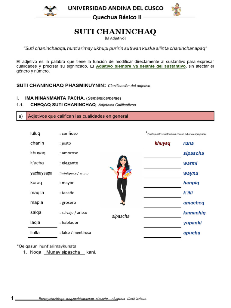 Quechua - Suti Chaninchaq - El Adjetivo | PDF | Adjetivo | Tipología Lingüística