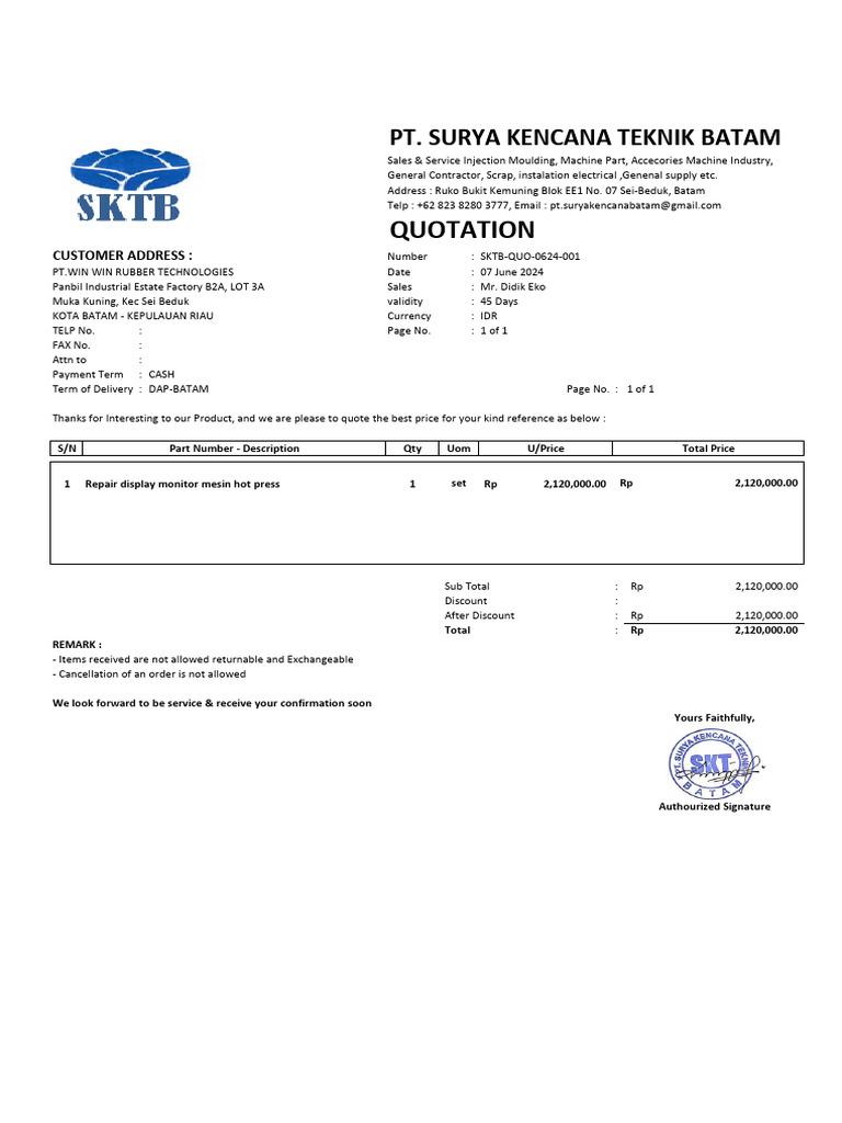 Sktb-Quo-0624-001 Pt. Win Win Rubber Technologies | PDF | Trade ...