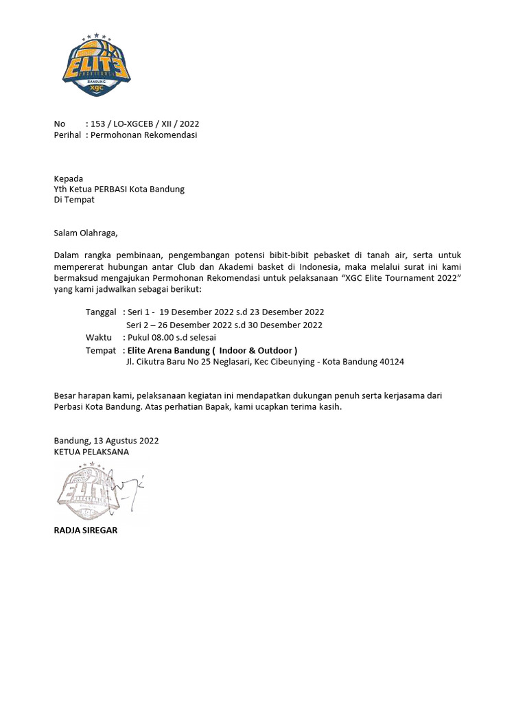 153 - Surat Rekomendasi PERBASI Kota Bandung XGC ELITE TOURNAMENT 2022 ...