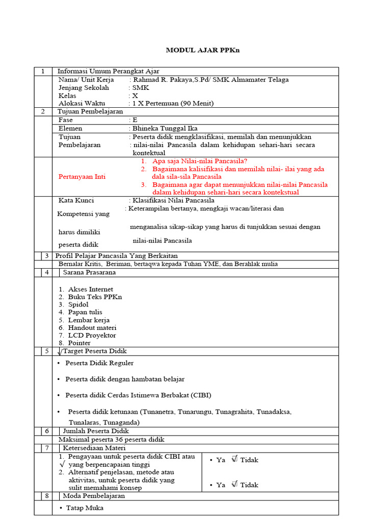 Modul Ajar PPKN X Bhineka Tunggal Ika | PDF