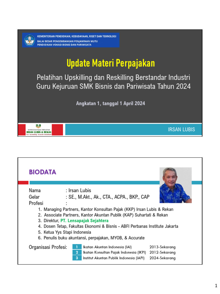 Update Materi Perpajakan - Upskilling & Reskilling Angk 1 Guru SMK 2024 | PDF
