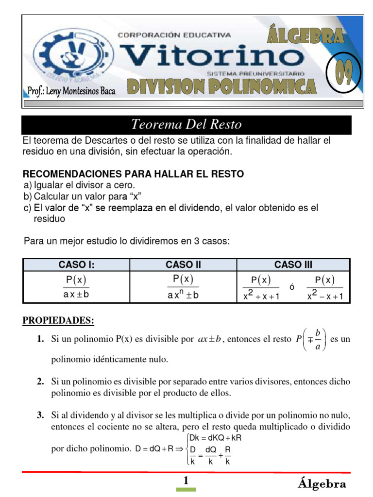 Teorema del Resto: Cálculo y Ejercicios | PDF | División (Matemáticas ...