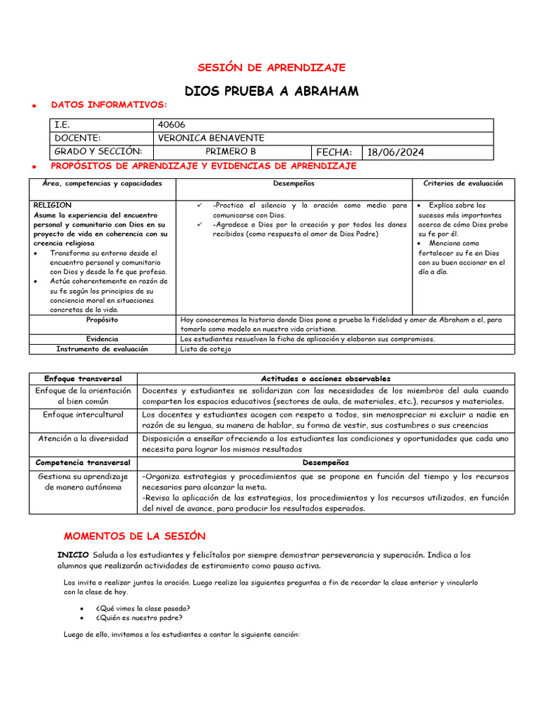 1º U4 S1 Sesion D2 Religion Dios Prueba A Abraham | PDF | Abrahán | Isaac