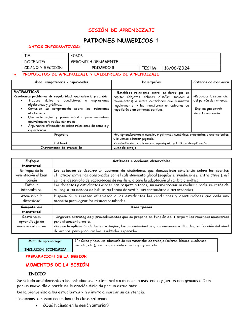 1º U4 S1 Sesion D2 Mat Hacemos Patrones Numericos | PDF | Evaluación ...