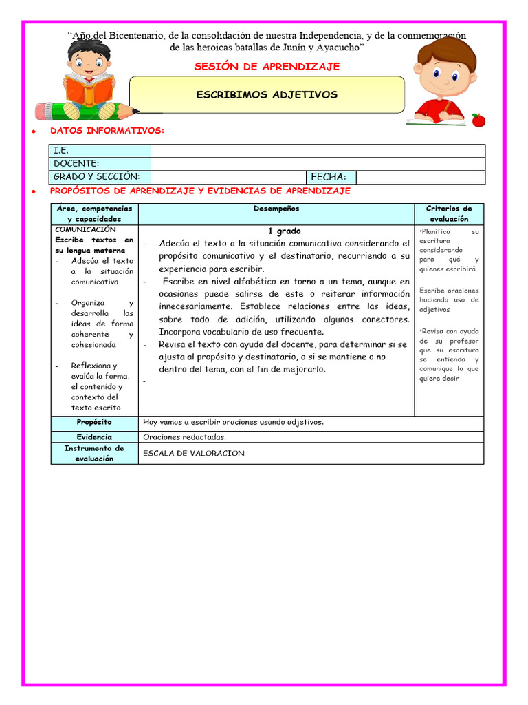 1º U4 S1 Sesion D3 Com Escribimos Adjetivos | PDF | Aprendizaje | Evaluación