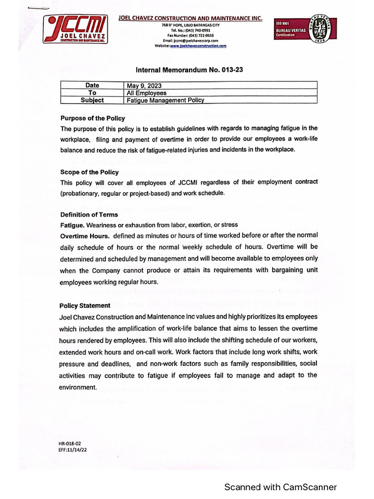 (Memo) Fatigue Management Policy | PDF