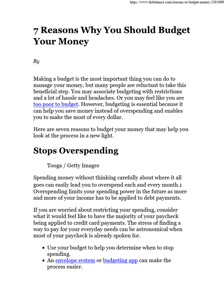 7 Reasons Why You Should Budget Your Money | Download Free PDF | Budget | Expense