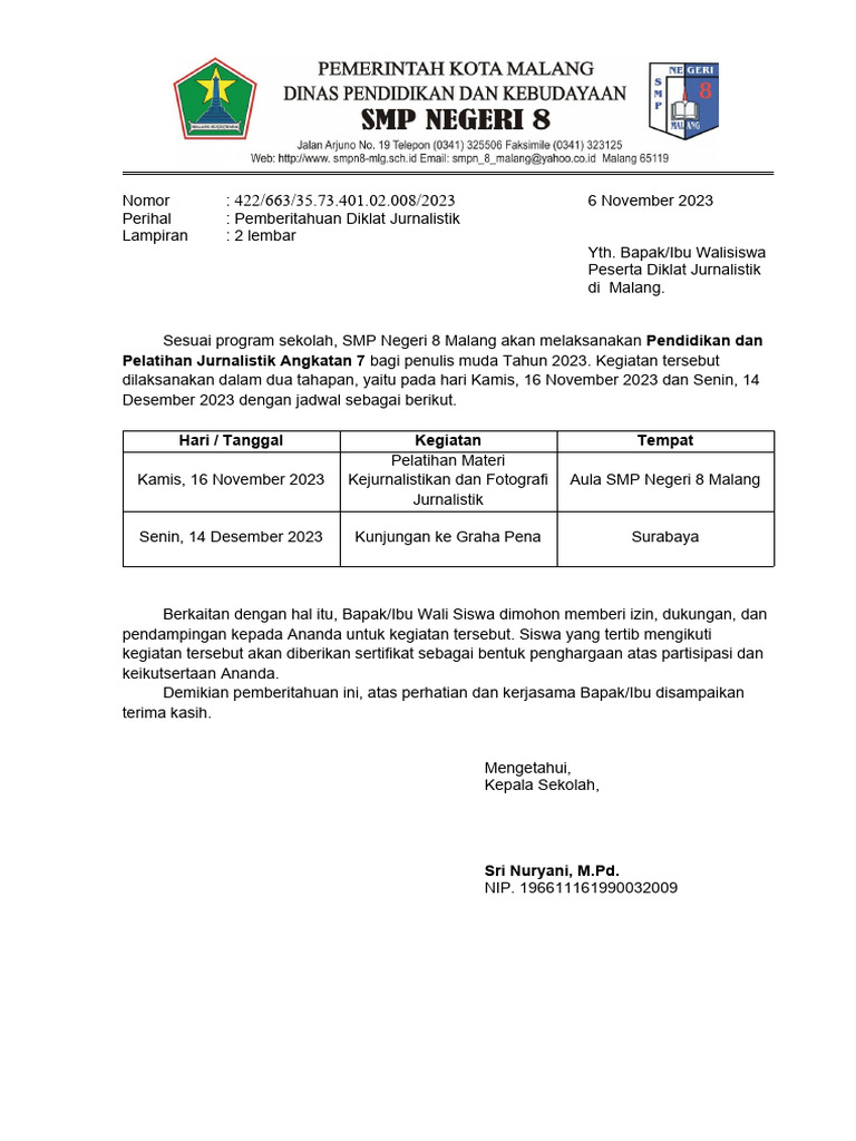 Surat Pemberitahuan Diklat Jurnalistik 2023 BAru | PDF
