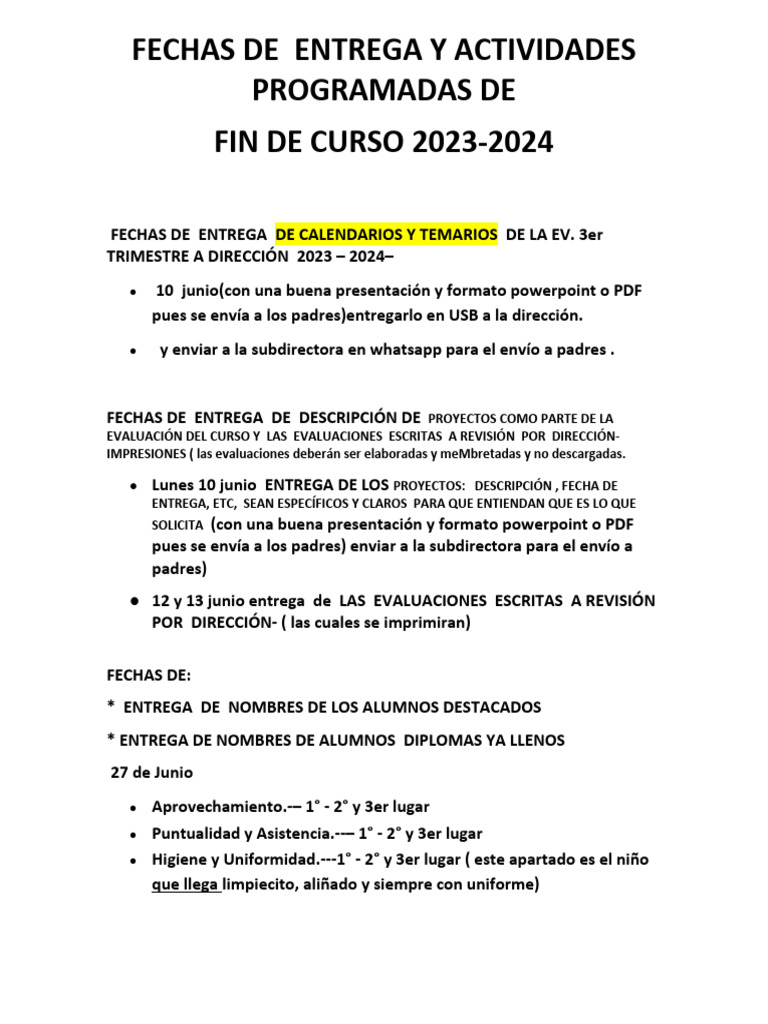 Fechas de Entrega Doc. y Act. Programadas - 2023-2024 | PDF | Crecimiento personal y profesional