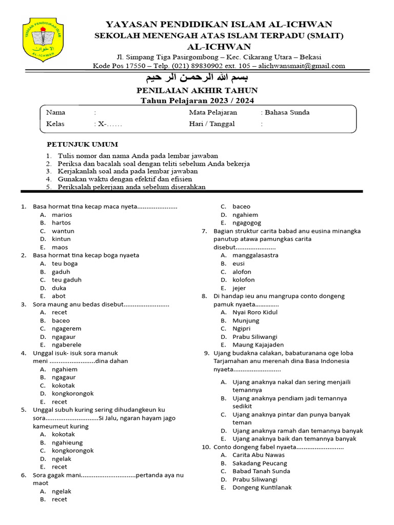 Penilaian Akhir Tahun SMAIT Al-Ichwan | PDF