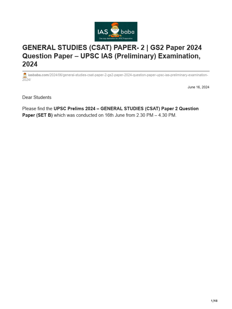 GENERAL STUDIES CSAT PAPER - 2 GS2 Paper 2024 Question Paper UPSC IAS ...