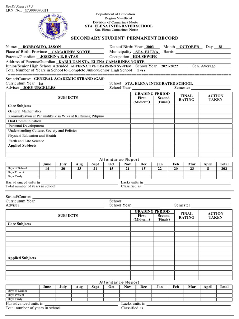 Deped Form 137 Shs 1pdf - Compress | PDF