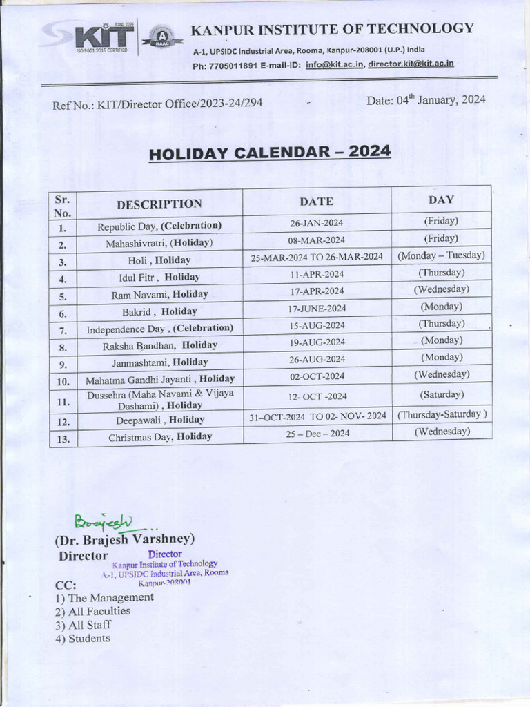 Holiday Calendar-0294 Dt.04.01.2024 | PDF