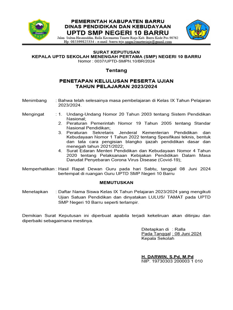 SK Penetapan Kelulusan 2024 | PDF
