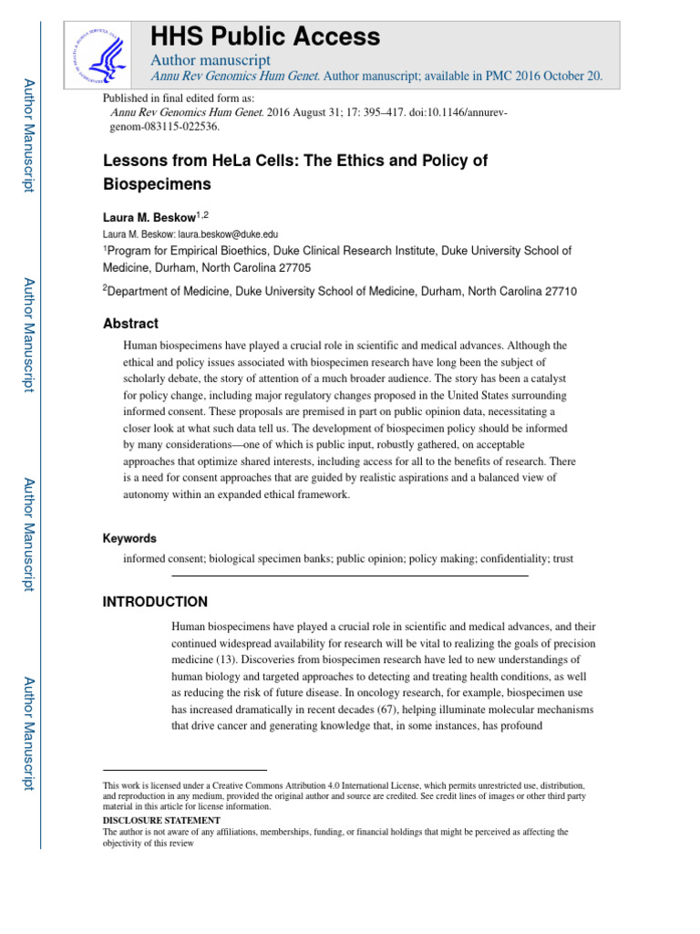 Lessons From HeLa Cells The Ethics and Policy of B | PDF | Informed ...
