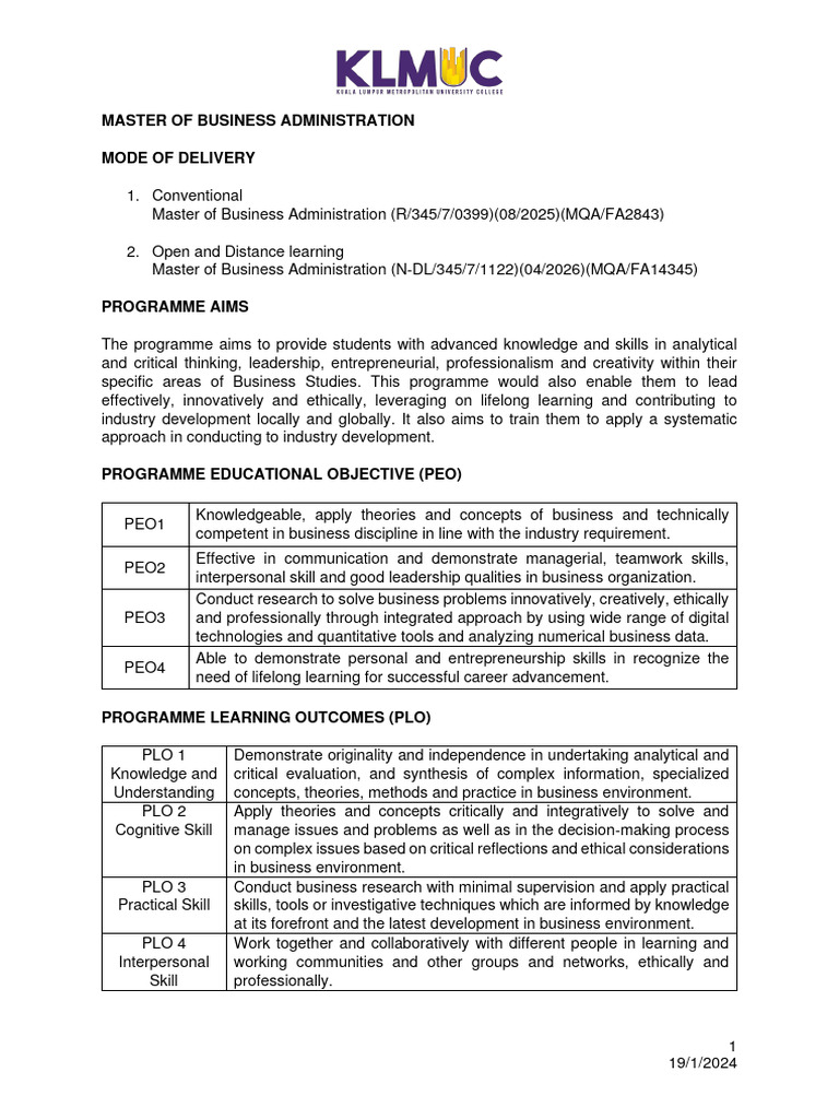 Programme Information - Mba, Mba Odl, DPM | PDF | Master Of Business Administration | Critical ...