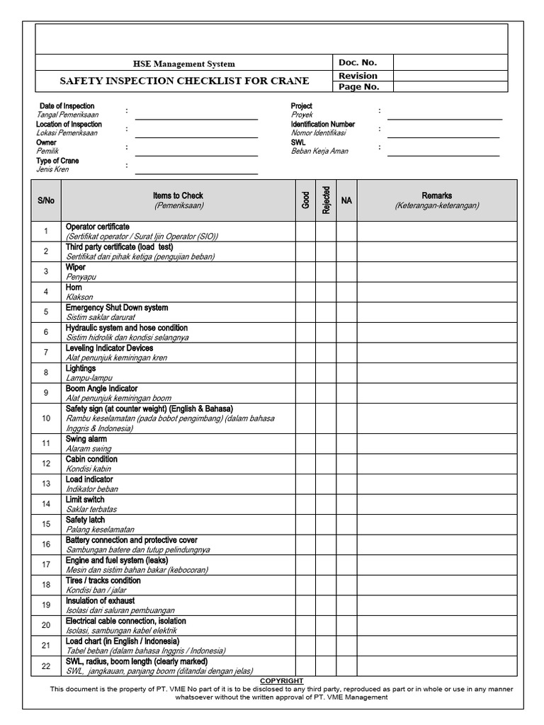 VME-HSE-F-09-Safety Inspection Checklist For Crane | PDF | Manufactured ...