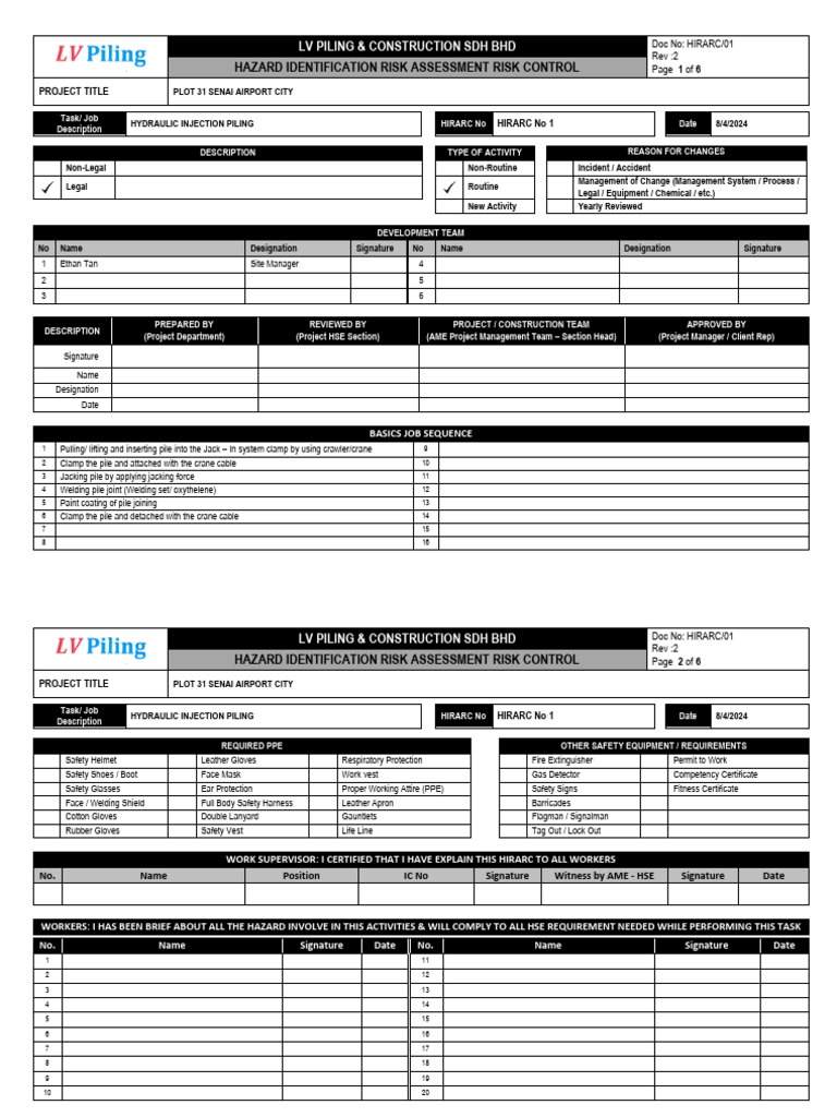 HIRARC 01 - HYDRAULIC INJECTION PILING (LV PILING) | PDF | Personal ...