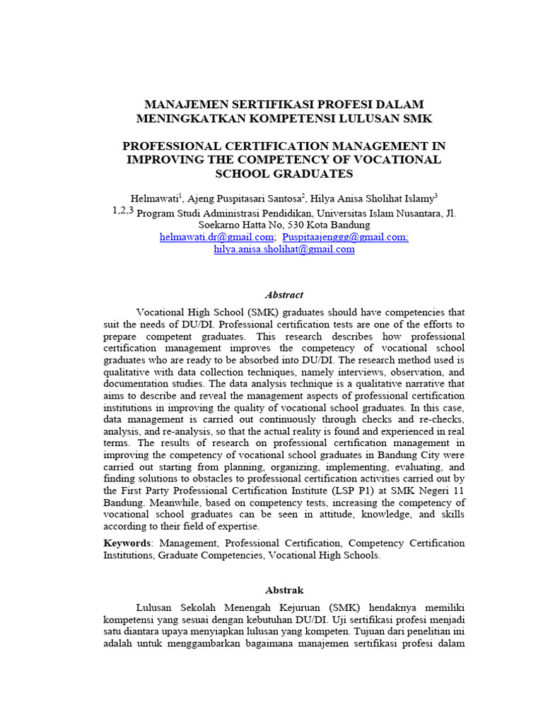 Manajemen Sertifikasi Profesi Dalam Meningkatkan Kompetensi Lulusan SMK | PDF | Professional ...