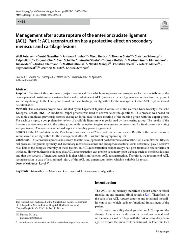 Management After Acute Rupture of The Anterior Cruciate Ligament (ACL ...