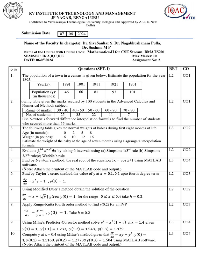 Assignment 2 - BMATS201 - SET 1 - 2024 | PDF | Calculus | Mathematics ...