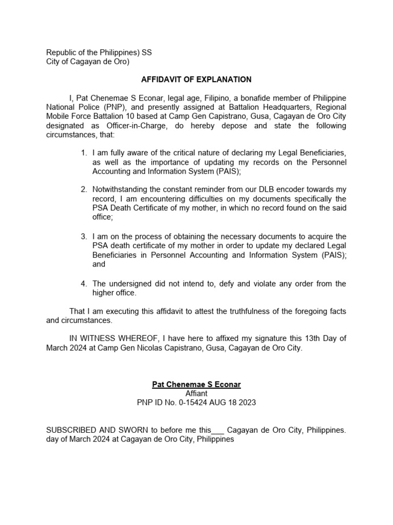 Affidavit of Explanation | PDF
