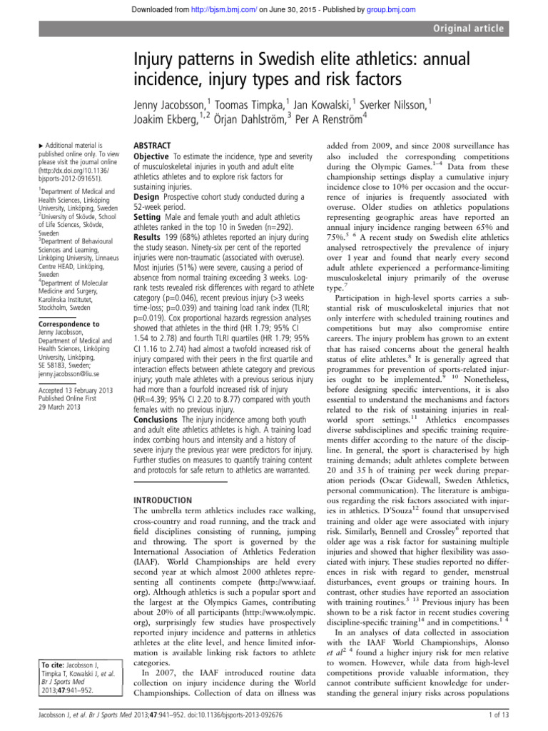 Injury Patterns in Swedish Elite Athletics Annual Incidence, Injury ...