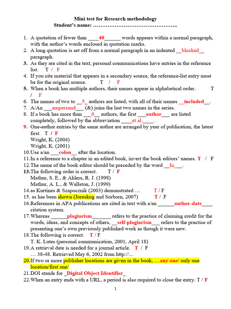 APA Citation Mini Test Guide | PDF | Digital Object Identifier ...