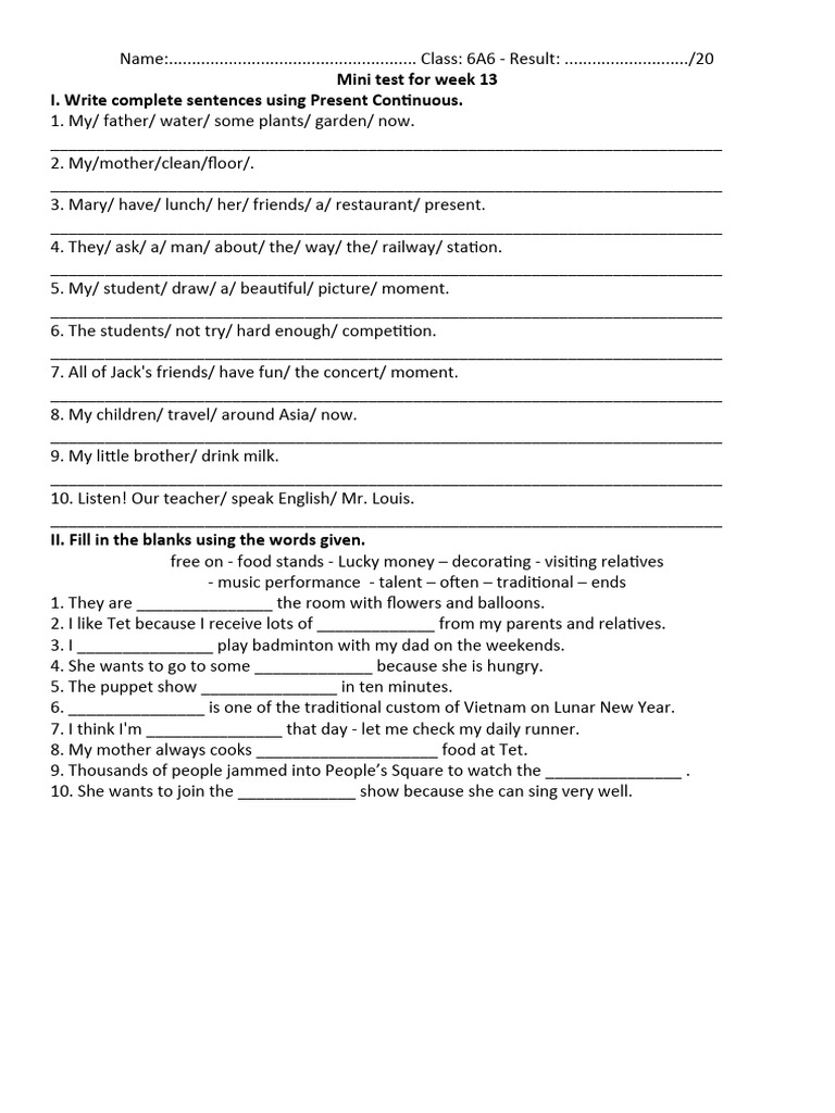 Present Continuous Mini Test for 6A6 | PDF
