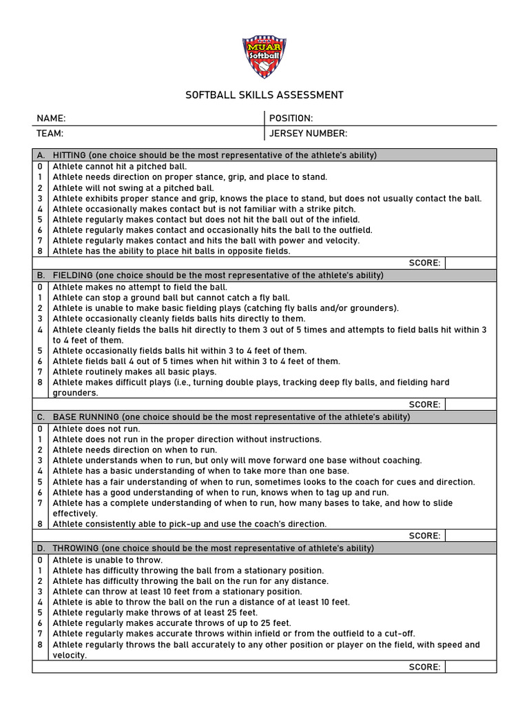 Softball Skills Evaluation Form | PDF | Softball | Sports