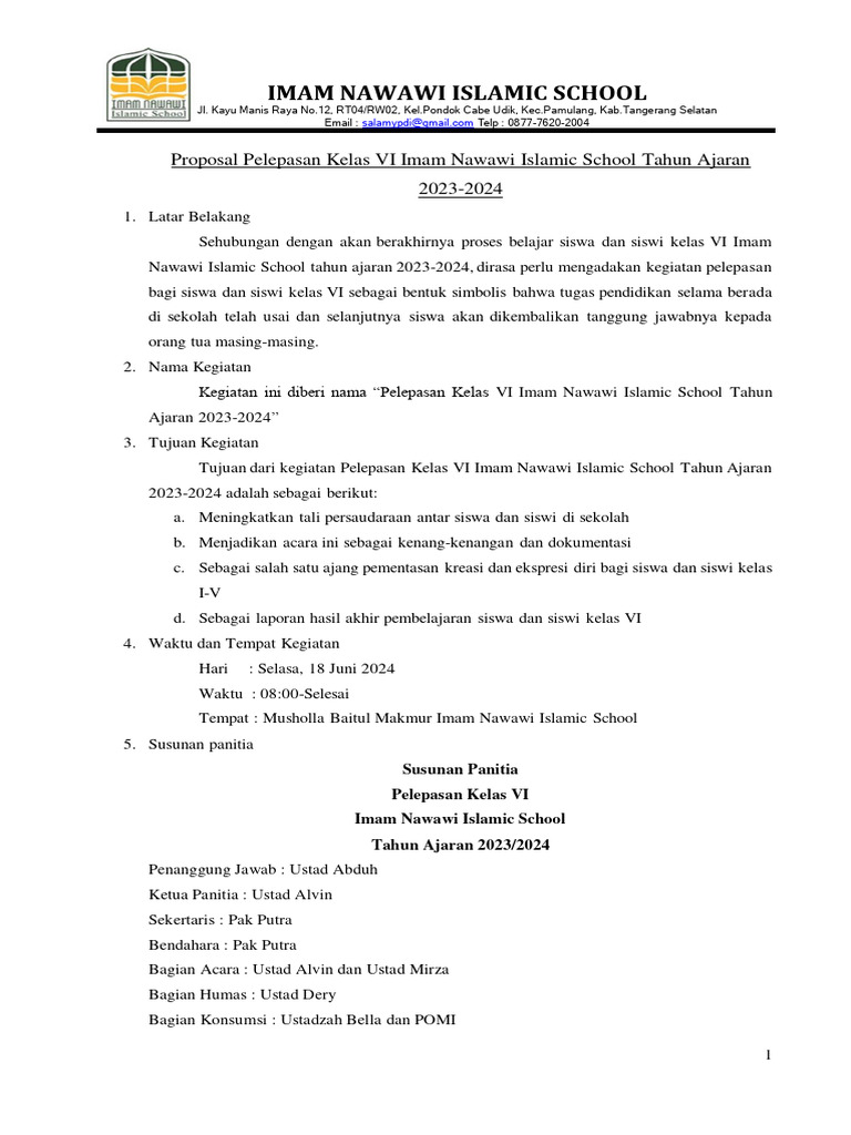 Proposal Kegiatan Pelepasan Kelas VI Imam Nawawi Islamic School | PDF