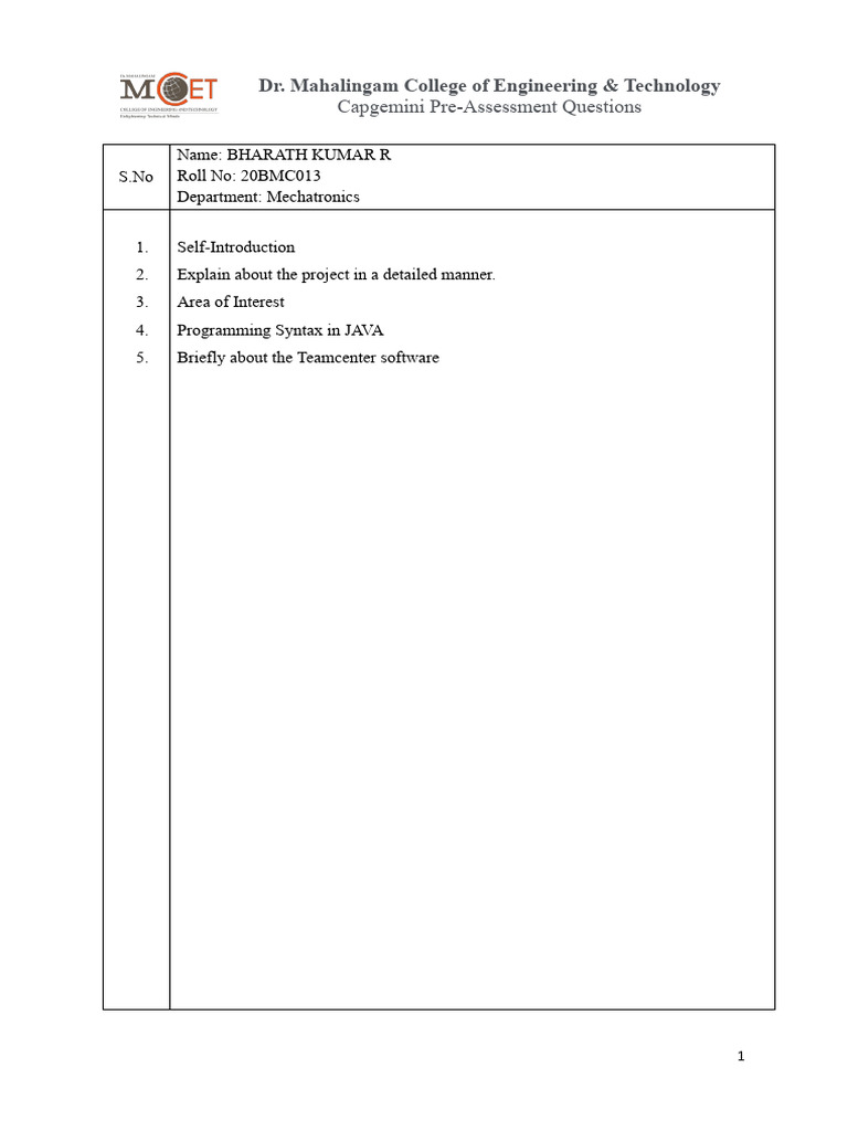 Capgemini Pre-Assessment Questions | PDF | Engineering | Computing