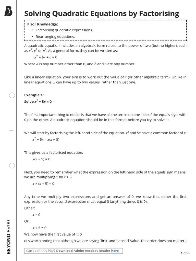 Factorising Quadratic Equations Pdf Factorization Equations