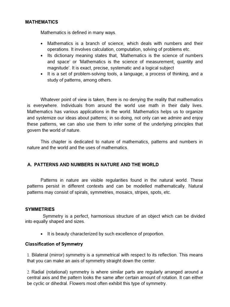 Chapter1 Mathematics in our World (Summary) | Download Free PDF | Pattern | Symmetry