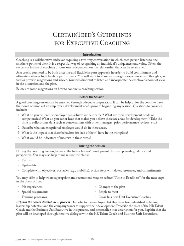 Guidelines For Executive Coaching (CertainTeed) | PDF | Employment | Performance Appraisal