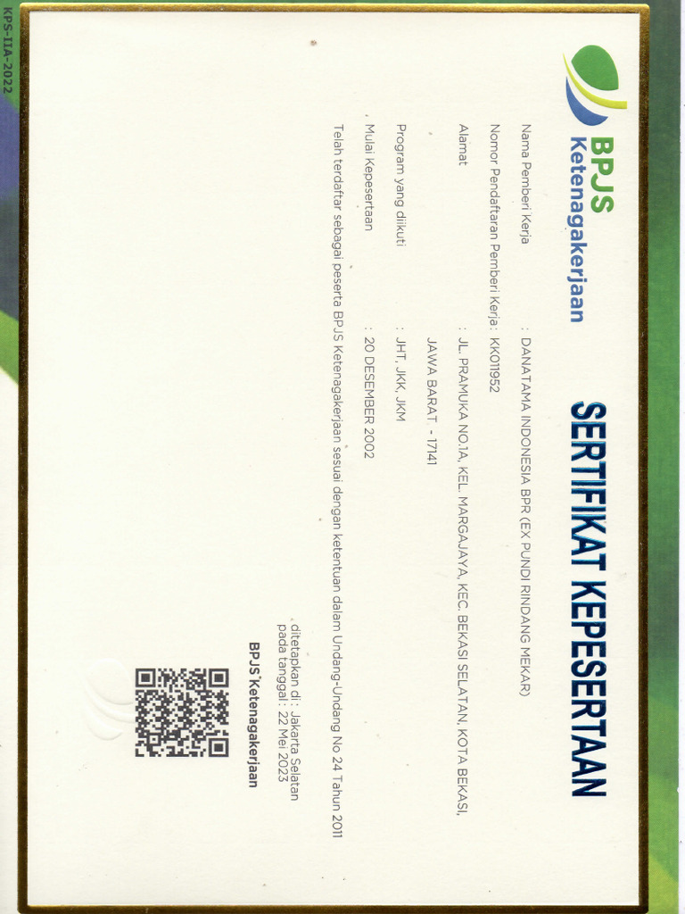 Sertifikat BPJS Ketenagakerjaan | PDF