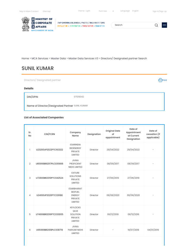 Sunil Kumar Director Profile Details | PDF