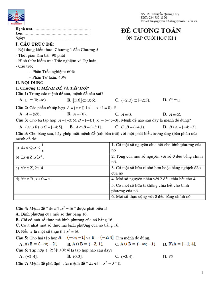 Đề Cương Toán HK1 - K10 - 23 24 | PDF