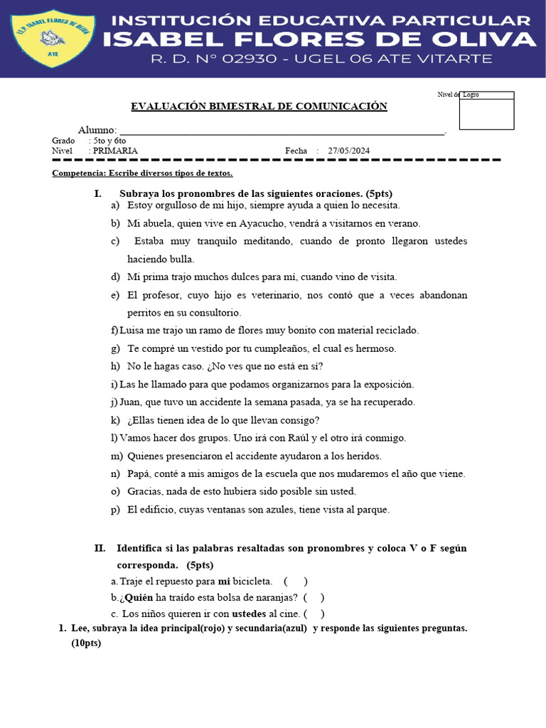 Examen I Bimestre - Comunicación - 5to y 6to - 2024 | PDF | Transplante ...