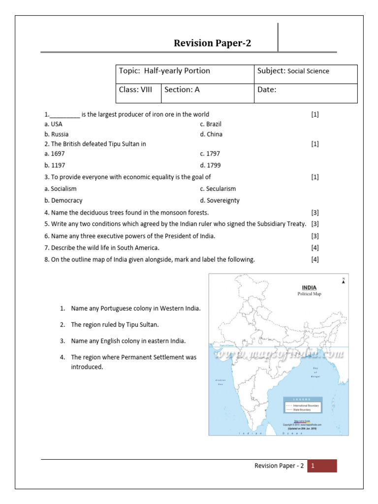 Tipu Sultan's Region Map and Questions | PDF
