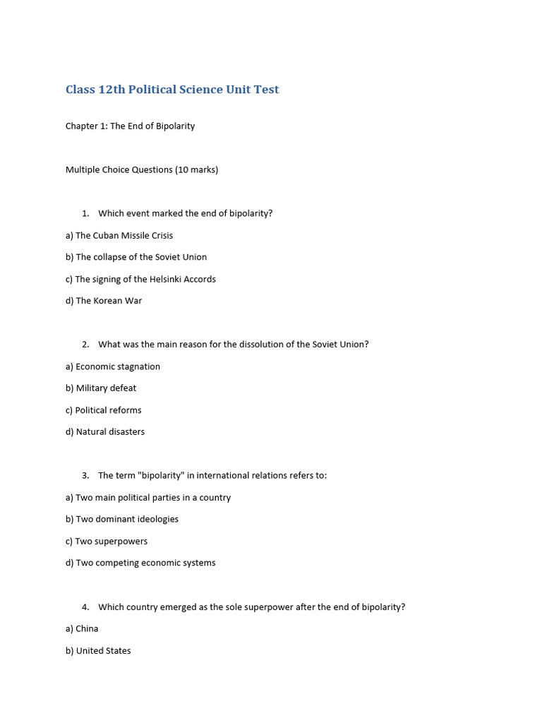 Class 12th Political Science Unit Test ch-1 | PDF | Superpowers ... Class 12th Political Science Unit Test ch-1 | PDF | Superpowers ...