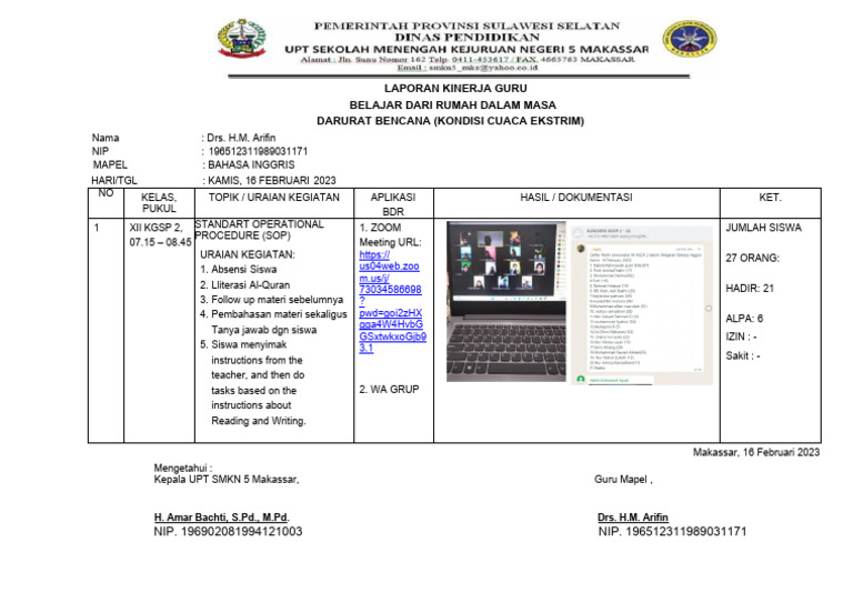 Laporan BDR, 16 Feb 2023, Mapel Bing H.M. Arifin | PDF